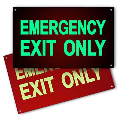 Emergency Exit Only Signs - Red photoluminescent Exit Signs Aluminum For Ultimate UV - Pre-drilled Holes Glow In The Dark Sign - 12 x 7 Inches With Easy Mounting (2 Pack)