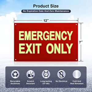 Emergency Exit Only Signs - Red photoluminescent Exit Signs Aluminum For Ultimate UV - Pre-drilled Holes Glow In The Dark Sign - 12 x 7 Inches With Easy Mounting (2 Pack)