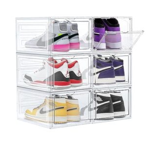 upgrade harder solid plastic shoe organizer, shoe storage with magnetic front door, 6 pack shoe boxes clear plastic stackable, sneaker storage, shoe organizer for closet, shoe display case , white