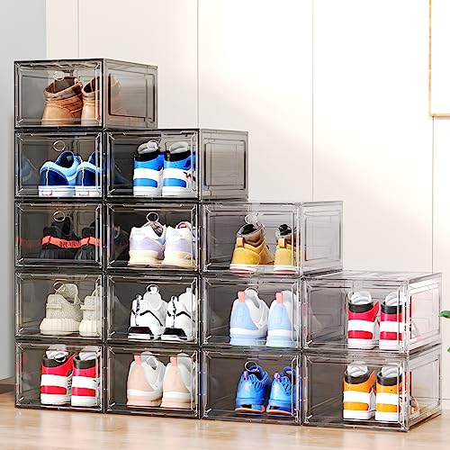 Upgrade Harder Solid Plastic Shoe Organizer, Shoe Storage with Magnetic Front Door, 6 Pack Shoe Boxes Clear Plastic Stackable, Sneaker Storage, Shoe Organizer for Closet, Shoe Display Case , White