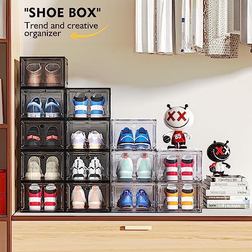 Upgrade Harder Solid Plastic Shoe Organizer, Shoe Storage with Magnetic Front Door, 6 Pack Shoe Boxes Clear Plastic Stackable, Sneaker Storage, Shoe Organizer for Closet, Shoe Display Case , White