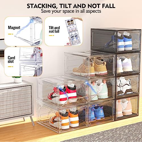 Upgrade Harder Solid Plastic Shoe Organizer, Shoe Storage with Magnetic Front Door, 6 Pack Shoe Boxes Clear Plastic Stackable, Sneaker Storage, Shoe Organizer for Closet, Shoe Display Case , White