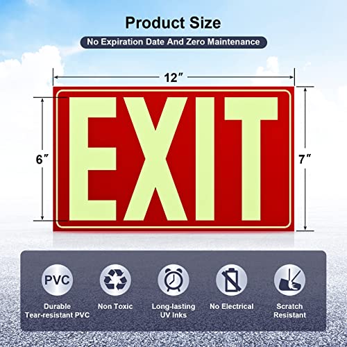 Glow In The Dark Photoluminescent Exit Sign Red - Adhesive Backing – UV Inks On Tear-resistant PVC - Non Electrical - Scratch Resistant -12 x 7 Inches For 50 Feet Visibility (2 Pack)