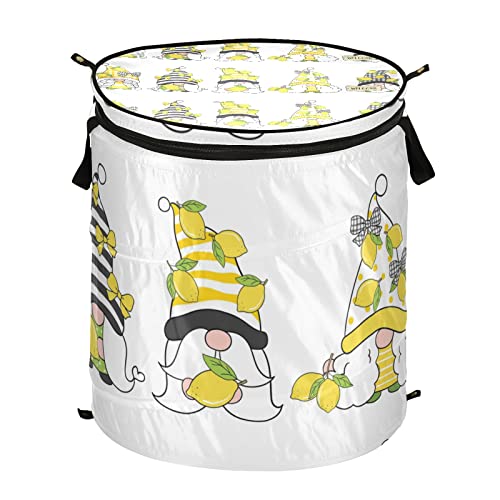 Oyihfvs Seamless Pattern with Yellow Gnomes, Yellow Lemons on White Folding Pop Up Laundry Hamper, Portable Basket with Handles Zipper Storage Organizer for Bedroom Bathroom College Dorm Travel