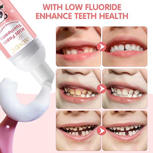 Foam Toothpaste Kids, Toddler Low Fluoride Toothpaste with Natural Formula to Reduce Plaque, Children Whitening Foaming Toothpaste for U Shaped Toothbrush for Kids Ages 3 and Up (Peach)