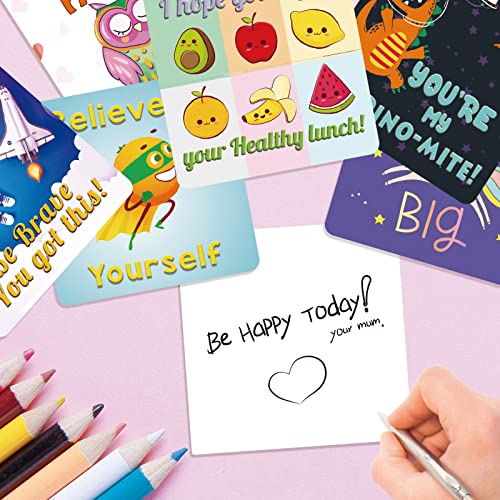 Shemira 100 Pack Lunch Box Notes for Kids, Inspirational Affirmation Cards for Kindergarten Girls Boys,Motivational Cards for Kids, Back to School Supplies,50 Styles,3.5 x 3.5 inches,Blank Back