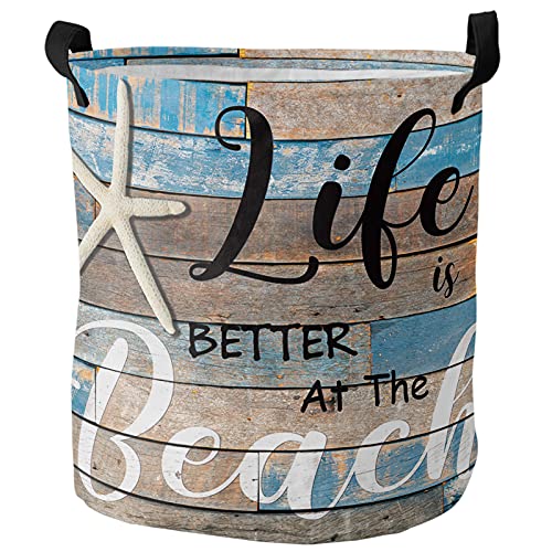 Laundry Basket Summer Starfish Life is Better at Beach,Waterproof Collapsible Clothes Hamper Farm Vintage Blue Wood Plank,Large Storage Bag for Bedroom Bathroom 16.5x17In