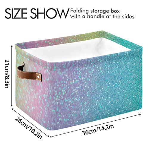 Iridescent Rainbow Glitter Storage Baskets Large Foldable Storage Bin Canvas Toys Box Fabric Decorative Collapsible Organizer Bag with Handles 2 Pcs