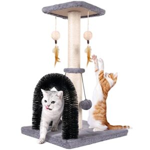 oysmy cat scratching post with self groomer and top platform - durable sisal cat scratcher stable cat scratch post with dangling balls, verstile cat scratching poles for indoor cats (grey)