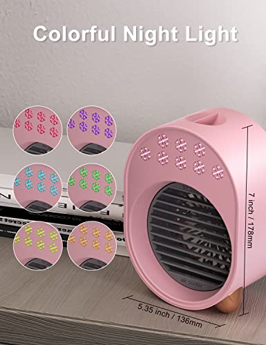 Harmohom Misting Fan Portable, Mini Air conditioner Fan, Small Desk Fan with 3 Adjustable Speeds, USB Quiet Personal Mist Fan with Colorful Nightlight for Travel Outdoor Office Makeup (Pink)