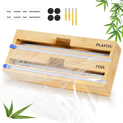 2 in 1 Wrap Dispenser with Cutter and Labels, Aluminum Foil and Plastic Wrap Organizer for Kitchen Drawer, Bamboo Roll Storage Organizer Holder for Cling Film and Tin Foil Wax Paper, Fits 12" Roll