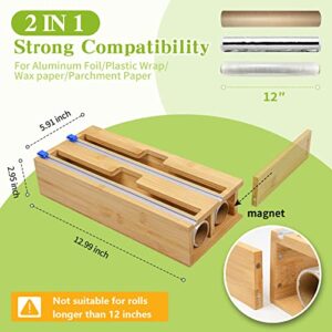 2 in 1 Wrap Dispenser with Cutter and Labels, Aluminum Foil and Plastic Wrap Organizer for Kitchen Drawer, Bamboo Roll Storage Organizer Holder for Cling Film and Tin Foil Wax Paper, Fits 12" Roll