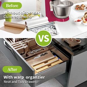 2 in 1 Wrap Dispenser with Cutter and Labels, Aluminum Foil and Plastic Wrap Organizer for Kitchen Drawer, Bamboo Roll Storage Organizer Holder for Cling Film and Tin Foil Wax Paper, Fits 12" Roll