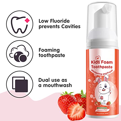 Kids Foam Toothpaste with Low Fluoride - Anti-Cavity, Whitening and Fresh, Gentle Teeth Whitening Foam Toothpaste Kids for U-Shape Toothbrush, Ages 3 Plus - 60ml (Strawberry)