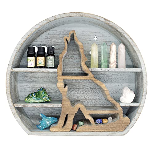 WonderMar Wolf Shelf for Crystals - Crescent Moon Shelf for Rocks, Oils, Plants - Crystal Shelf Display for Wall Decor or Tabletop - Floating Moon Shelves for Cabins, Boho, Rustic, Farmhouse - (Grey)