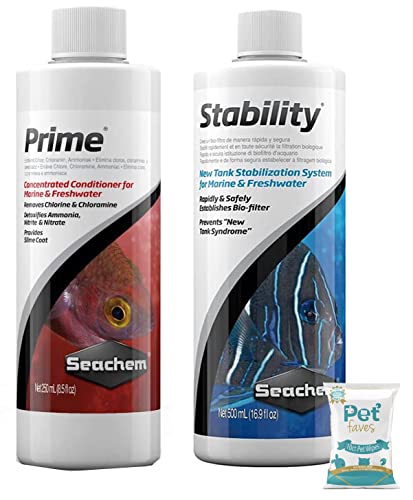 Prime Fresh and Saltwater Conditioner 500ml , Stability Fish Tank Stabilizer 500ml and 10ct Pet Wipes (Prime & Stability)