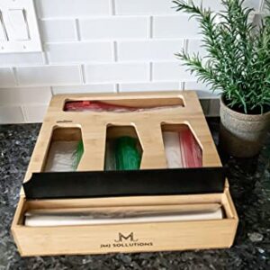 JMJ Ziplock Storage Bag Organizer for Kitchen Drawer, Pantry, Countertop. Bamboo Dispenser Fits Gallon, Sandwich, Quart, Snack. Fits 12" Foil or Plastic Wrap Roll