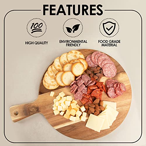 Premium Acacia Cutting Board with Handle - Wooden Chopping Board for Kitchen (12"x16") Round Acacia Paddle Cutting Boards for Meat, Bread, Serving Board, Cheese, Vegetables & Fruits.