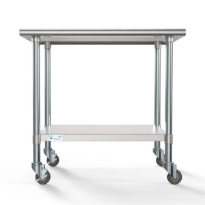 KoolMore Commercial 30” x 36” Stainless Steel Work Table with Wheels for Restaurant or Home Use, Under Storage Shelf for Food, Tools, and Hardware, Heavy Duty Metal Workspace (CT3036-18C), Silver