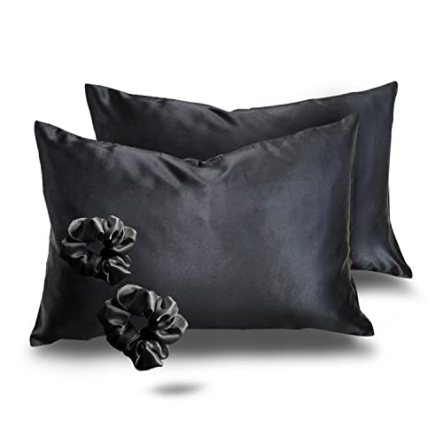 Alexandra's Secret Satin Bed Pillowcase with Scrunchies for Hair and Skin Pack of 2 Gift Set Luxury Soft and Cooling Sleep Silky Pillow Cases with Envelop Closure (Standard & Queen, Black)