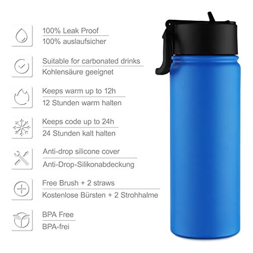 Insulated Water Bottle with Straw Lid, Double Wall Vacuum, Stainless Steel Thermos for Boys and Girls Leak Proof Water Bottle 17OZ