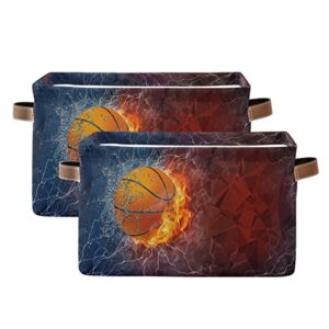 basketball fire water rectangular storage basket storage bin collapsible storage box with leather handles storage hamper organizer for home, bedroom