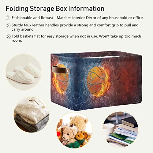 Basketball Fire Water Rectangular Storage Basket Storage Bin Collapsible Storage Box with Leather Handles Storage Hamper Organizer for Home, Bedroom