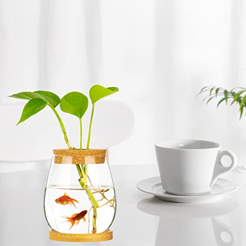 Desktop Fish Bowl Clear Glass Small Fish Tank with Wood Lid and Bamboo Stand for Betta Fish Plants Terrarium Home Office Decoration Gifts