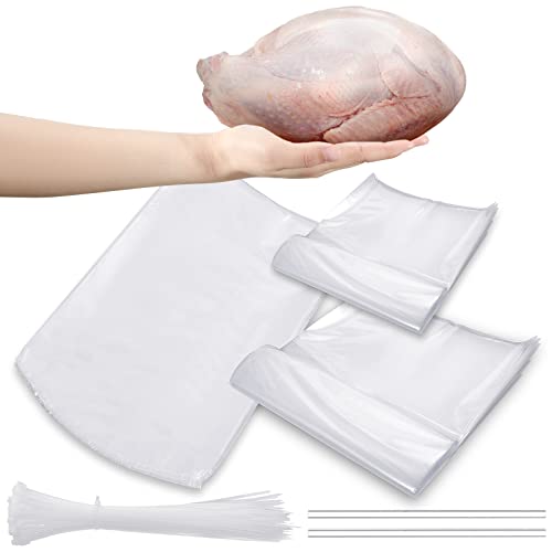 60 Pack 3 Size Poultry Shrink Bags Chicken 3 Size Clear Poultry Heat Shrink Wrap with 100 Pcs White Ties and 2 Pcs Clear Silicone Straw for Rabbits Turkey Meat Food Storage