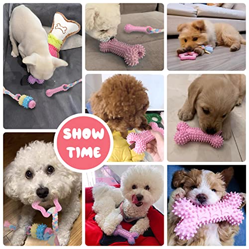 BAEJMJK 5 Pack Puppy Teething Toys Cute Pink Dog Chew Toys for Small Dogs Soft Rubber Puppy Toys Set Plush Squeaky Dog Toys for Cleaning Teeth Interactive Pet Doggy Bone Toys