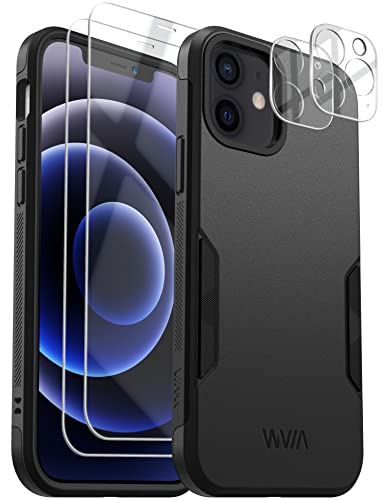 WVM Designed for iPhone 12 Case, Designed for iPhone 12 Pro Case [with 2 Pcs Glass Screen Protector & 2 Pcs Camera Lens Protector] Shockproof Protective Case for iPhone 12/12 Pro 6.1 inch, Black