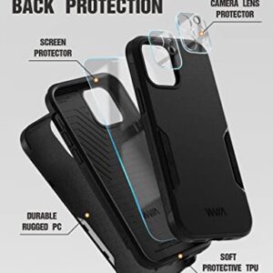 WVM Designed for iPhone 12 Case, Designed for iPhone 12 Pro Case [with 2 Pcs Glass Screen Protector & 2 Pcs Camera Lens Protector] Shockproof Protective Case for iPhone 12/12 Pro 6.1 inch, Black