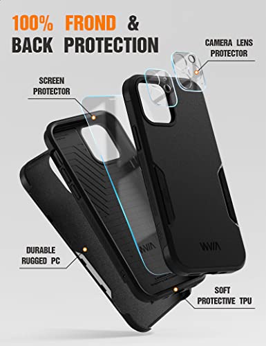 WVM Designed for iPhone 12 Case, Designed for iPhone 12 Pro Case [with 2 Pcs Glass Screen Protector & 2 Pcs Camera Lens Protector] Shockproof Protective Case for iPhone 12/12 Pro 6.1 inch, Black