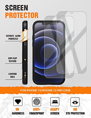 WVM Designed for iPhone 12 Case, Designed for iPhone 12 Pro Case [with 2 Pcs Glass Screen Protector & 2 Pcs Camera Lens Protector] Shockproof Protective Case for iPhone 12/12 Pro 6.1 inch, Black