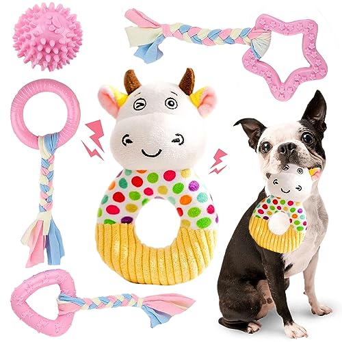 AXIIJGL 5 Pack Puppy Chew Toys Pink Puppy Rubber Teething Toys Girl Dog Toys for Small Breed Dogs Squeaky Plush Teething Cleaning Toys for Puppies Doggie Toys for Puppy Pet Toys for Small Dogs