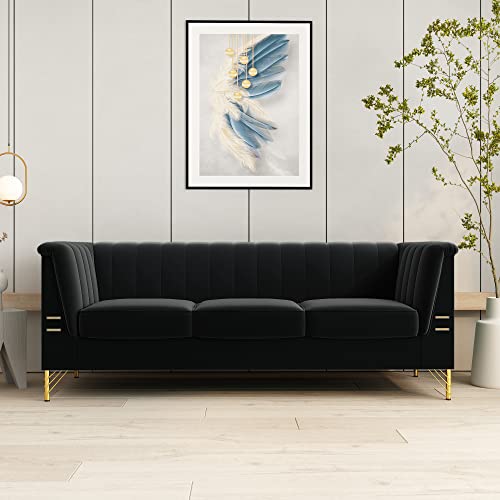 FHDLDS 83 Inch Black Modern Chesterfield Sofa, Contemporary Velvet Sofa Couch with Removable Cushions and Stainless Steel Base, Upholstered Futon Sofas for Living Room