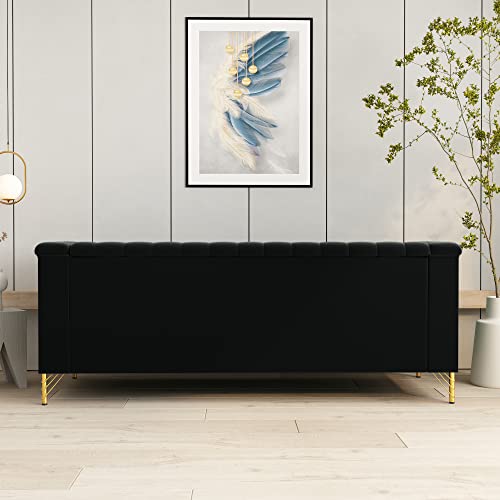 FHDLDS 83 Inch Black Modern Chesterfield Sofa, Contemporary Velvet Sofa Couch with Removable Cushions and Stainless Steel Base, Upholstered Futon Sofas for Living Room