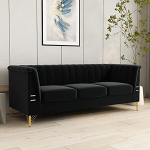 FHDLDS 83 Inch Black Modern Chesterfield Sofa, Contemporary Velvet Sofa Couch with Removable Cushions and Stainless Steel Base, Upholstered Futon Sofas for Living Room