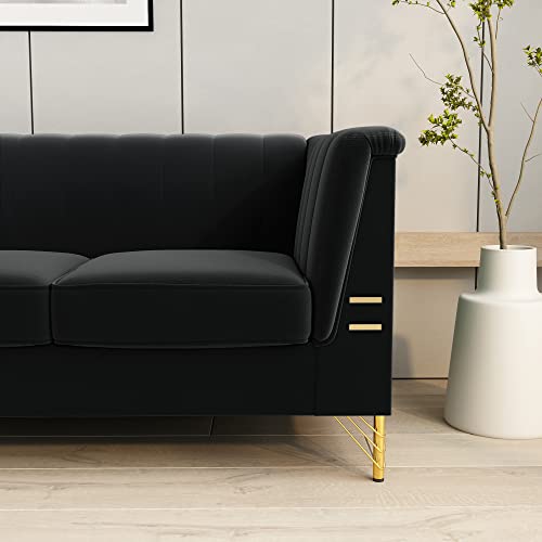 FHDLDS 83 Inch Black Modern Chesterfield Sofa, Contemporary Velvet Sofa Couch with Removable Cushions and Stainless Steel Base, Upholstered Futon Sofas for Living Room