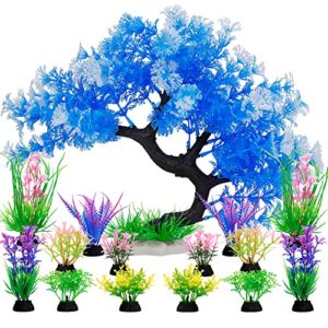 mylifeunit fish tank decorations, 15 pack artificial aquarium plants tree set for fish tank decor (bule set)