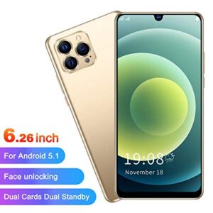 Unlocked Android Smartphone, 6.26in HD Screen Cell Phone, 2MP+2MP Camera 1GB RAM + 8GB ROM , Dual Card Dual Standby, Face Recognition, with WiFi+BT+FM+GPS(Gold)