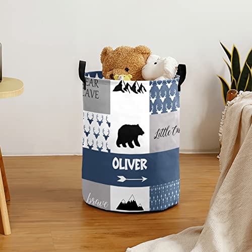 Bear Deer Mountain Faux Patchwork Quilt Personalized Laundry Basket Clothes Hamper with Handles Waterproof ,Collapsible Laundry Storage Baskets for Bathroom,Bedroom Decorative 19.7 inches Hx14.2 inches D