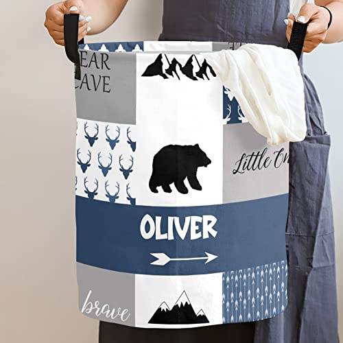 Bear Deer Mountain Faux Patchwork Quilt Personalized Laundry Basket Clothes Hamper with Handles Waterproof ,Collapsible Laundry Storage Baskets for Bathroom,Bedroom Decorative 19.7 inches Hx14.2 inches D