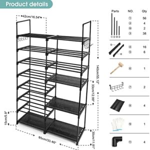 FlyLemon 8-Tier Stackable Shoe Rack, Expandable & Adjustable Fabric Shoe with Hooks Shelf Storage Organizer, Black