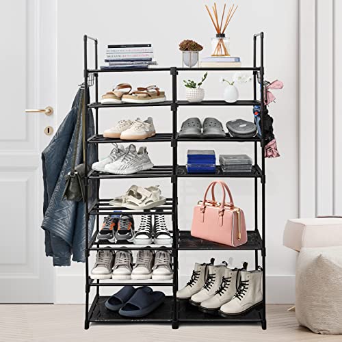 FlyLemon 8-Tier Stackable Shoe Rack, Expandable & Adjustable Fabric Shoe with Hooks Shelf Storage Organizer, Black