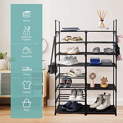 FlyLemon 8-Tier Stackable Shoe Rack, Expandable & Adjustable Fabric Shoe with Hooks Shelf Storage Organizer, Black