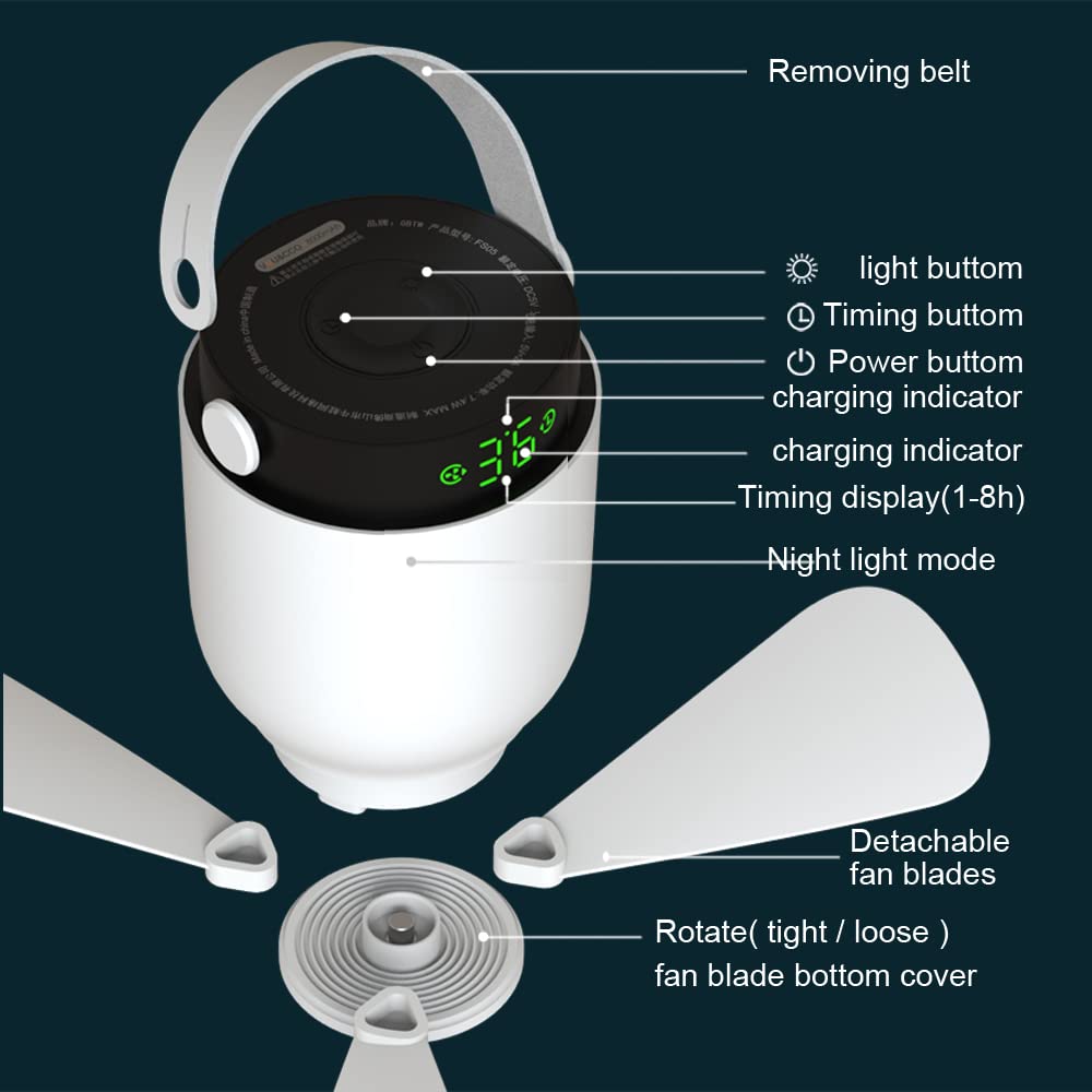 VVU&CCO 8000mAh Portable Ceiling Fan, Mini USB Camping Fan Battery Operated, 10.5inch Diameter, Small Rechargeable Fan with Remote Control, Tent Fan with Detachable Fan Blade,Hanging Hook for Outdoor