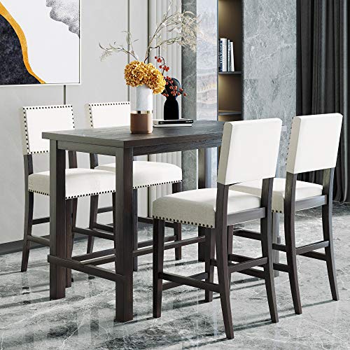 5 Pieces Counter Height Dining Set, Elegant Wooden Desk and 4 Upholstered Chairs, Perfect for Kitchen, Breakfast Nook, Bar, Living Room