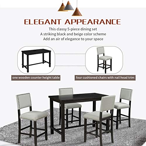 5 Pieces Counter Height Dining Set, Elegant Wooden Desk and 4 Upholstered Chairs, Perfect for Kitchen, Breakfast Nook, Bar, Living Room