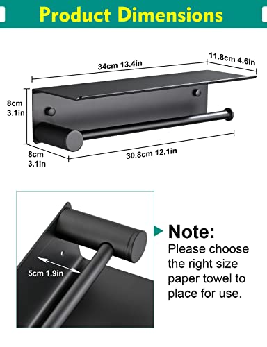 Paper Towel Holder for Kitchen - TDYU Wall Mount Paper Towel Holder with Shelf Under Cabinet, Rustproof Aluminum, Lightweight but Durable, Both Available in Adhesive & Screws (Black)